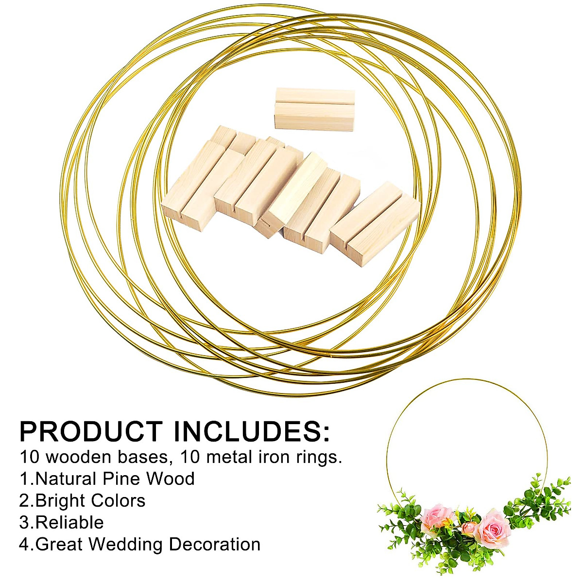 10Pcs 12 Inch Metal Floral Hoop Centerpiece Table Decorations, Gold Wreath Macrame Hoop Rings with 10Pcs Wooden Place Card Holders for Craft Wedding Table Decor Home Party Decor