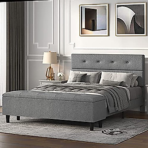 Allewie Queen Bed Frame with 120L Ottoman Storage, Upholstered Platform Bed Frame with Mattress Foundation, Wood Slat Support, No Box Spring Needed, Grey