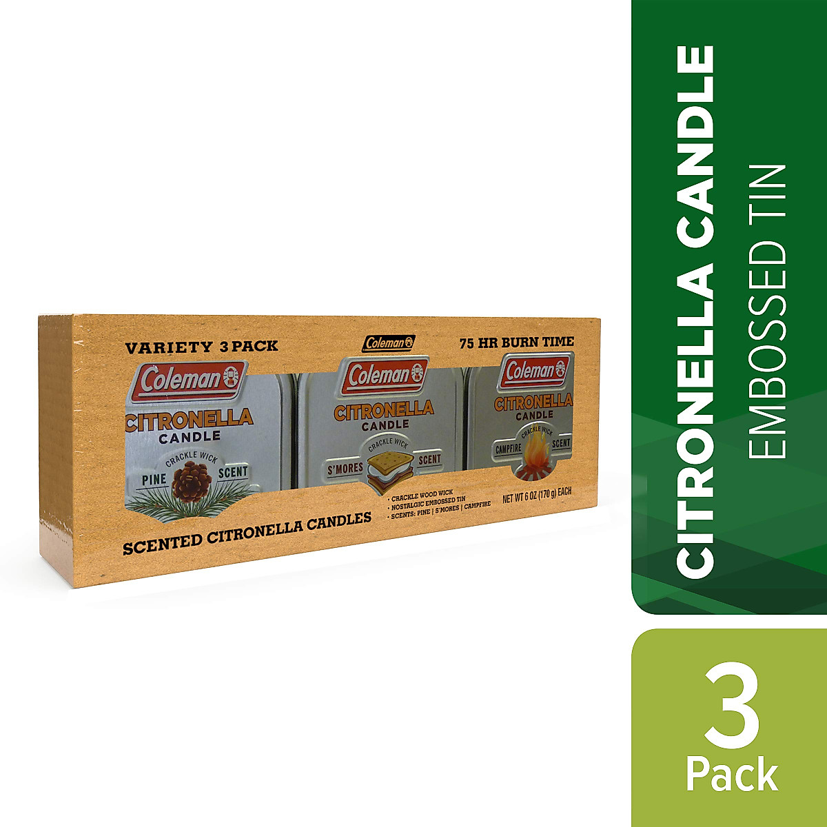 Coleman Scented Tin Citronella Candle - 3 Pack, S'Mores, Pine and Campfire