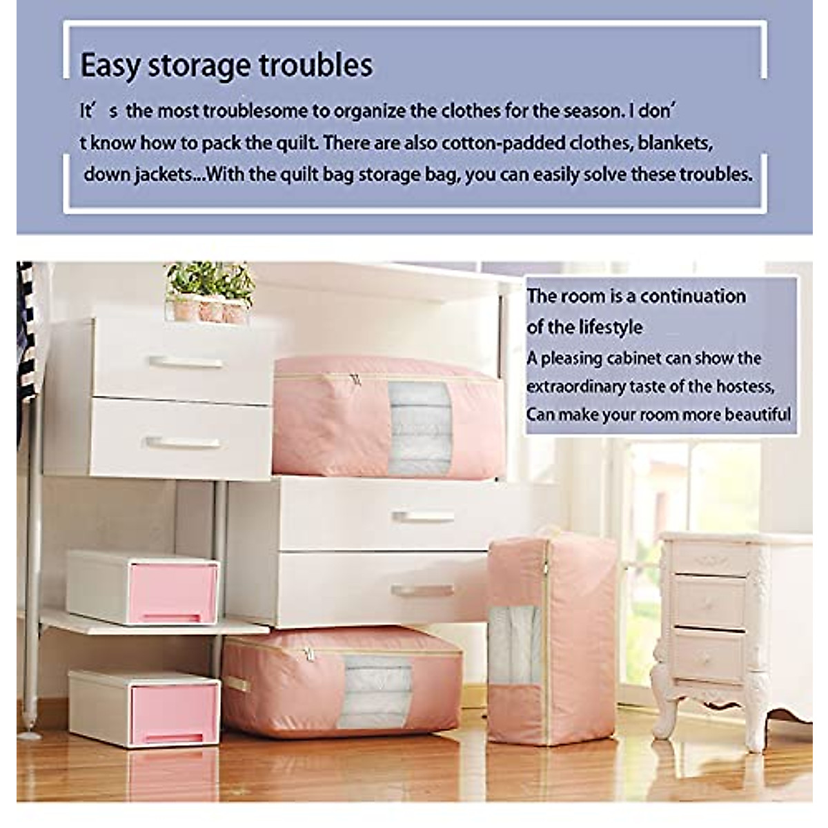 ZKQ Storage Bag, Oxford Cloth, Quilt Bag, Clothing Storage, Double Zipper, Washable, Moisture-Proof, Pink, Medium