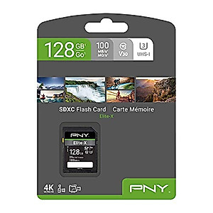 PNY 128GB Elite-X Class 10 U3 V30 SDXC Flash Memory Card - 100MB/s, Class 10, U3, V30, 4K UHD, Full HD, UHS-I, Full Size SD