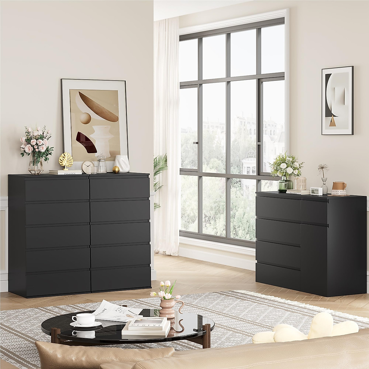 FOTOSOK Black Dresser, 5 Drawer Dresser Tall Black Dresser with Large Storage Space, Modern Storage Chest of Drawers, 23.6L x 17.6W x 39.1H Inch Storage Organizer Cabinet for Home, Black