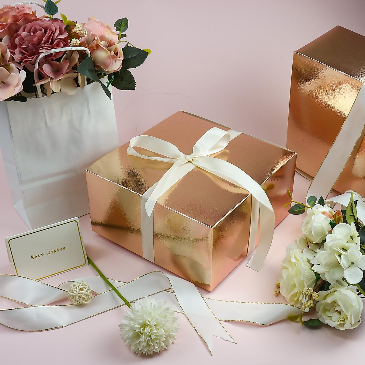 10 Pack Gift Boxes Rose Gold 8x8x4 Inches, Bridesmaid Proposal Gift Box Set with Ribbon，Paper Gift Box with Lids for Wedding Present, Cupcake Boxes, Birthday Party Favor, Engagements and Christmas