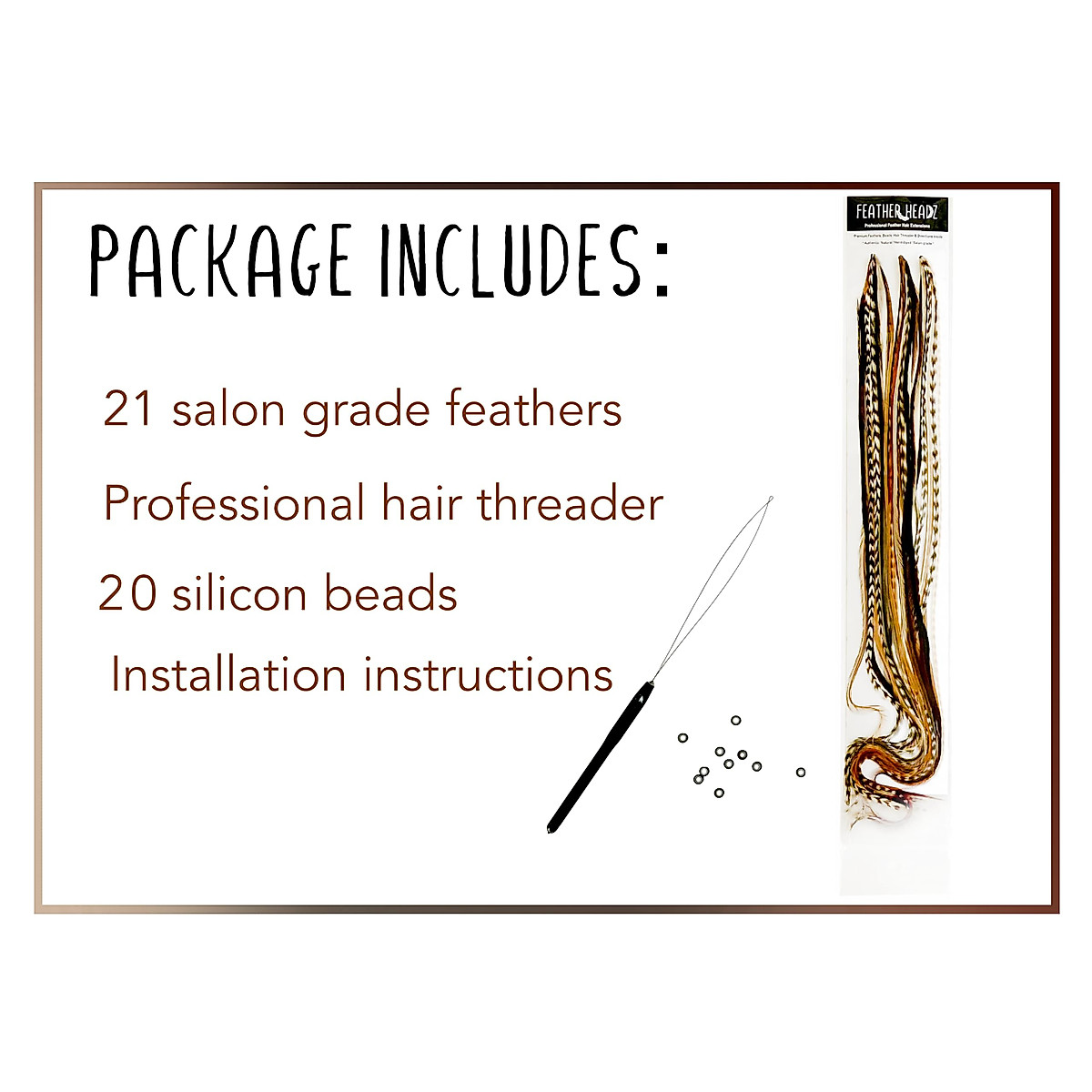 21 Natural Color Hair Feathers - 9”- 14” Long - Feathers for Hair Extension - DIY Kit - Eye-Catching Design - 20 Micro-link Beads - 100% Real Rooster Feathers - Professional Color Hair Feathers