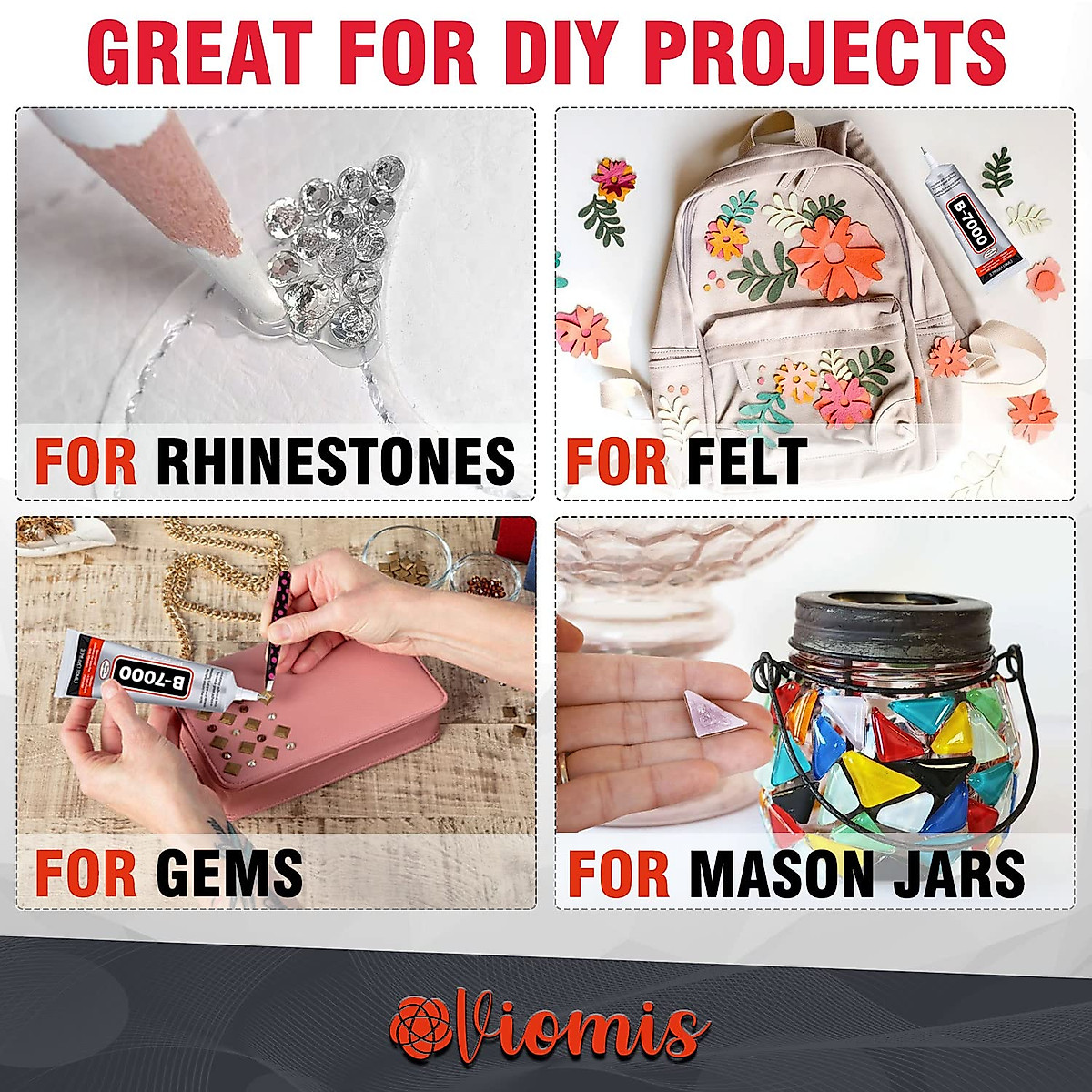 Viomis B7000 Glue 2PCS 15ml/0.5oz, Clear Craft Glue for Jewelry, B7000 Adhesive for Rhinestone Bead, Super Glue with Precision Tips for Cloth Shoe Fabric Cell Phone Screen Repair Metal Stone Nail Art