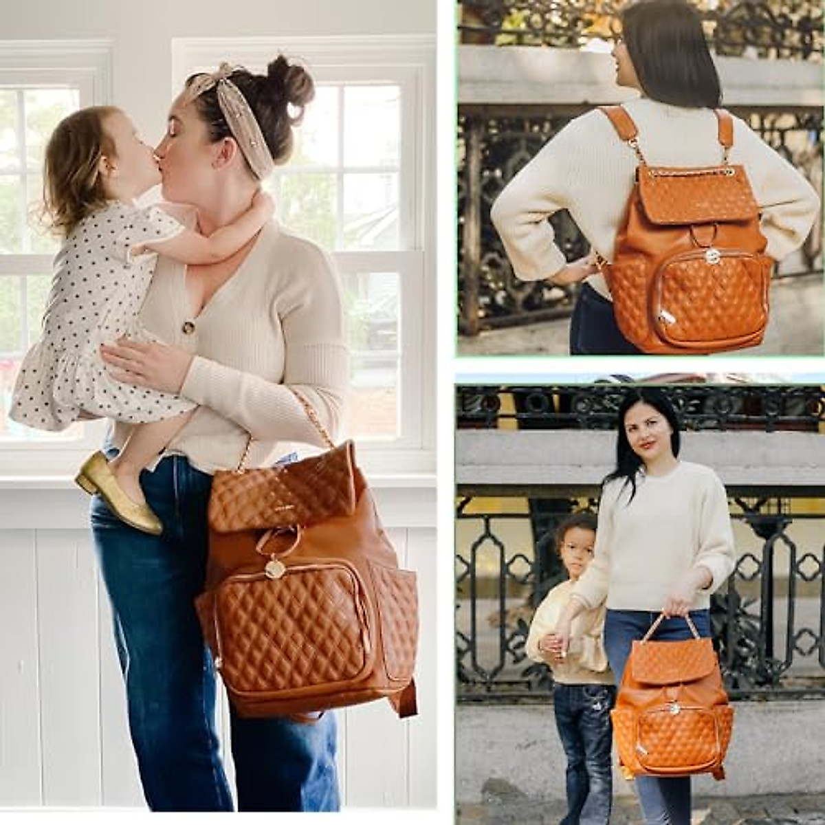 miss fong Diaper Bag Backpack Baby Diaper Bag for baby boy and girls, Leather Baby Bag with 13 diaper bag organizing pouches, Changing Pad, Stroller Straps and 4 Insulated Pockets(Brown)