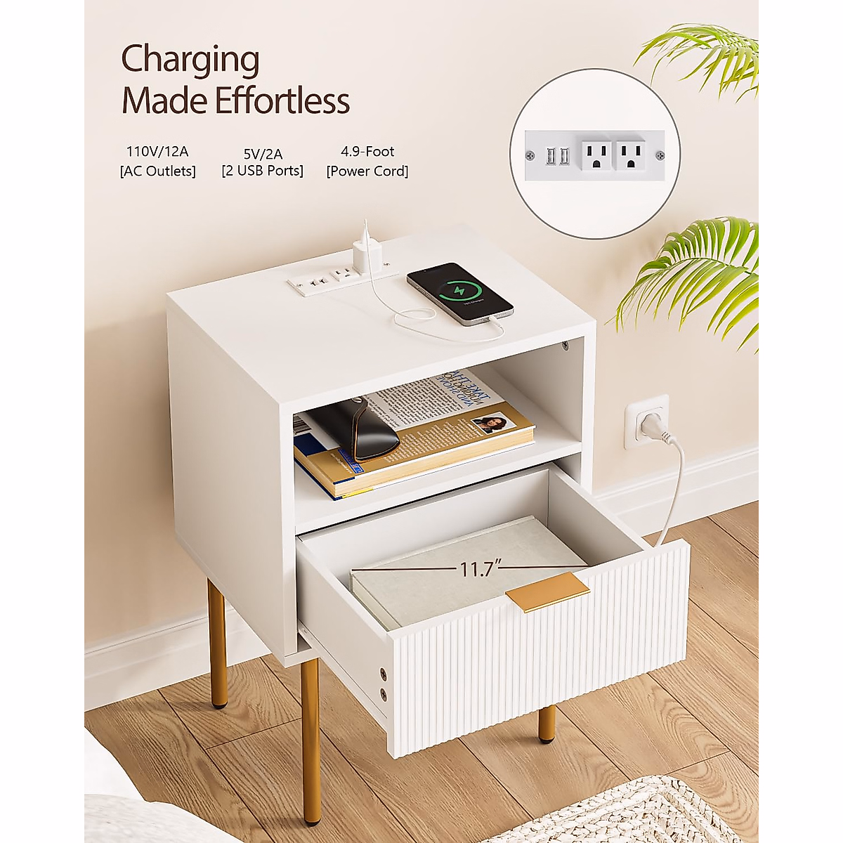 AEPOALUA Nightstand with Charging Station,Small Bedside Table with Gold Frame,White Night Stand,Bedside Furniture,Side Table with Drawer and Shelf for Bedroom,Living Room,Stripe