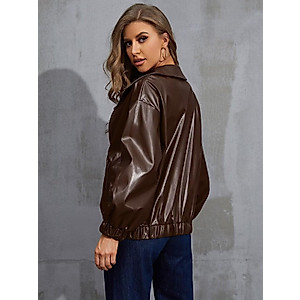 PITINAN Brown Leather Jacket Women Long Sleeve Warm Womens Faux Leather Jacket Motorcycle Jacket Fall Coat 2023 Trendy Leather Jacket for Women Bomber Jacket Brown L