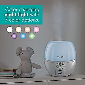 Vicks Filter-Free 3-in-1 SleepyTime Humidifier, Diffuser and Night-Light, Visible Ultrasonic Cool Mist Humidifier with Essential Oil Diffuser for Baby and Kids, White, Standard