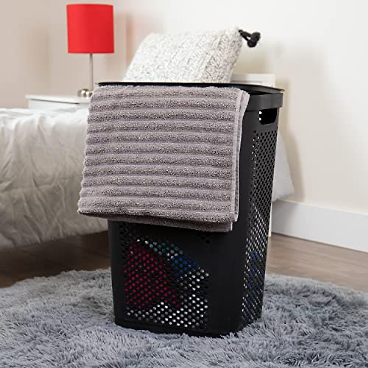 Mind Reader Basket Collection, Slim Laundry Hamper, 60 Liter (15g/33lbs) Capacity, Cut Out Handles, Attached Hinged Lid, Ventilated, Black