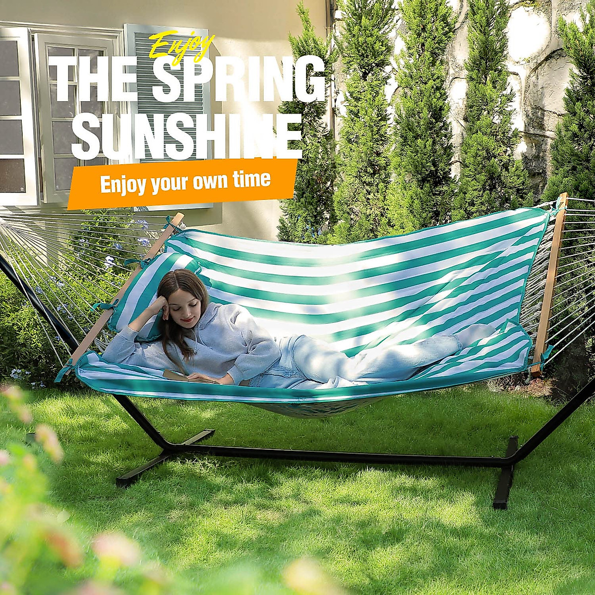 Double Outdoor Hammock with Stand, 2 Person Cotton Rope Hammock with Polyester Pad and Pillow for Backyard Porch Patio Garden
