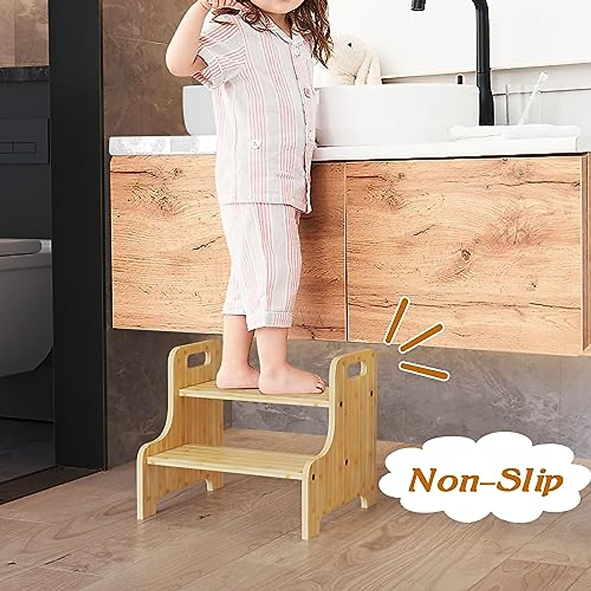 C&AHOME Wooden Toddler Step Stool - Kids Step Stool for Bathroom Sink - Wood Child Step Stool Non-Slip - Sturdy Natural Wood Two Step Stools with Handles for Kids