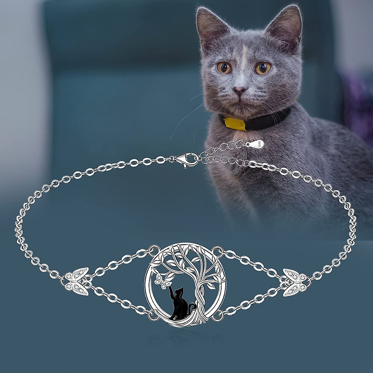 Black Cat Bracelet for Women Tree of Life Sterling Silver Cat Bracelets Black Cats Halloween Cats Lover Gifts