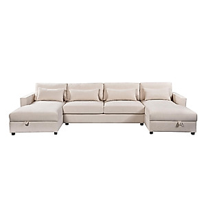 JULYFOX U Sectional Couch with 2 Storage Lounge Chaise, 128 inch Wider Sectional Sofa with 58 in Long Chaise Storage Box Underneath Thick Padded Seat Back Cushions Mid Century Modern,Beige