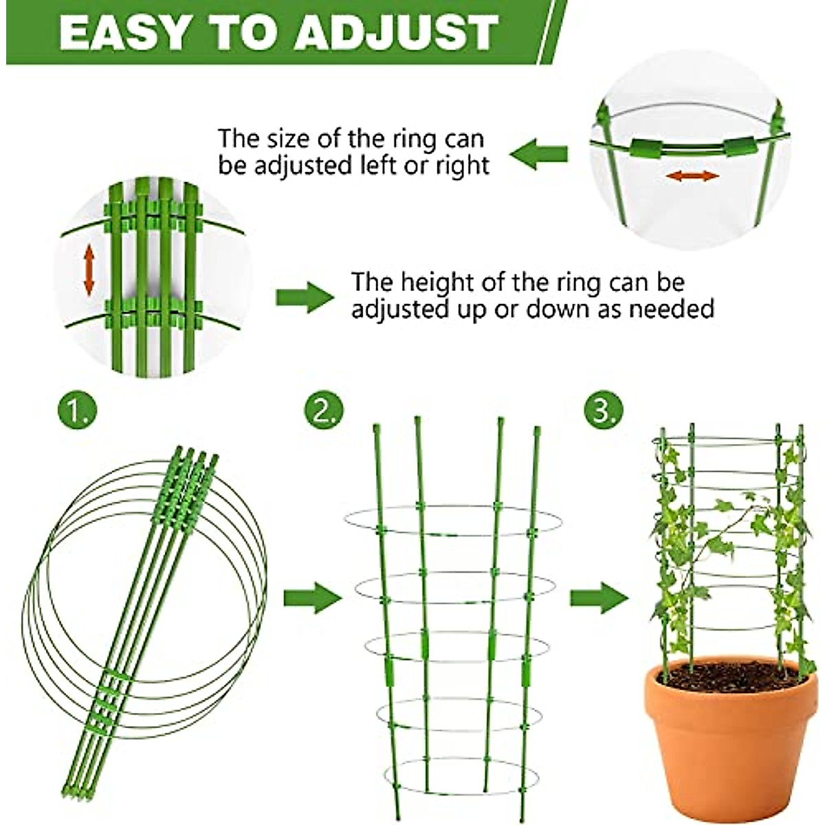 Tomato Cage for Pots 36 inch 4 Pack Garden Plant Support Tomatoes Trellis Cages with 4 Stakes & 5 Adjustable Rings for Cherry Tomato Vegetables Cucumber Climbing Plants Flower Rose Indoor Outdoor