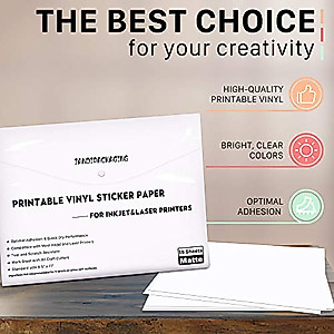 JANDJPACKAGING Printable Vinyl Sticker Paper - Waterproof Printable Vinyl for Laser & Inkjet Printer 15 Self-Adhesive Sheets - Matte White - Standard Letter Size 8.5"x11"