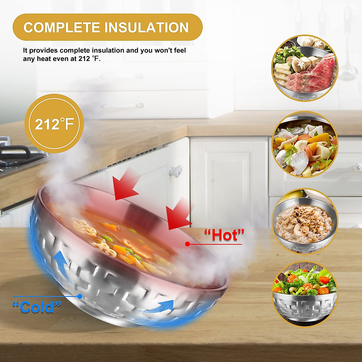 YAROMO Stainless Steel Bowl Silver Cutlery, Double-Walled, Insulated, Suitable for Hot and Cold Food,8 Inches, Can Be Soup Bowl, Ramen Bowl, Salad Bowl, Fruit Bowl. A good helper in the kitchen.