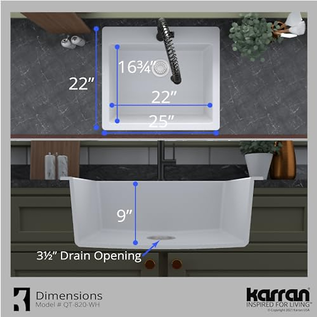 Karran QT-820 Top Mount 25 in. Single Bowl Quartz Kitchen Sink in White