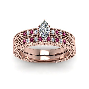 JewelryGift Antique Design Pave Engagement Rings rose gold plated Created Pink Sapphire Marquise shape Pink color Milgrain Engagement Rings pave Setting in Size 12 Fashion Jewelry