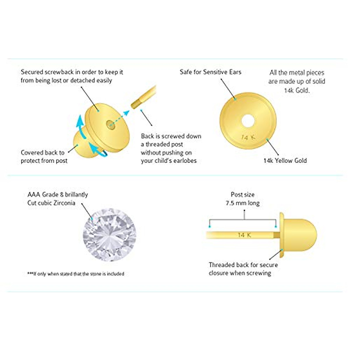 14k Yellow Gold Flower Cubic Zirconia Children Screwback Baby Girls Stud Earrings