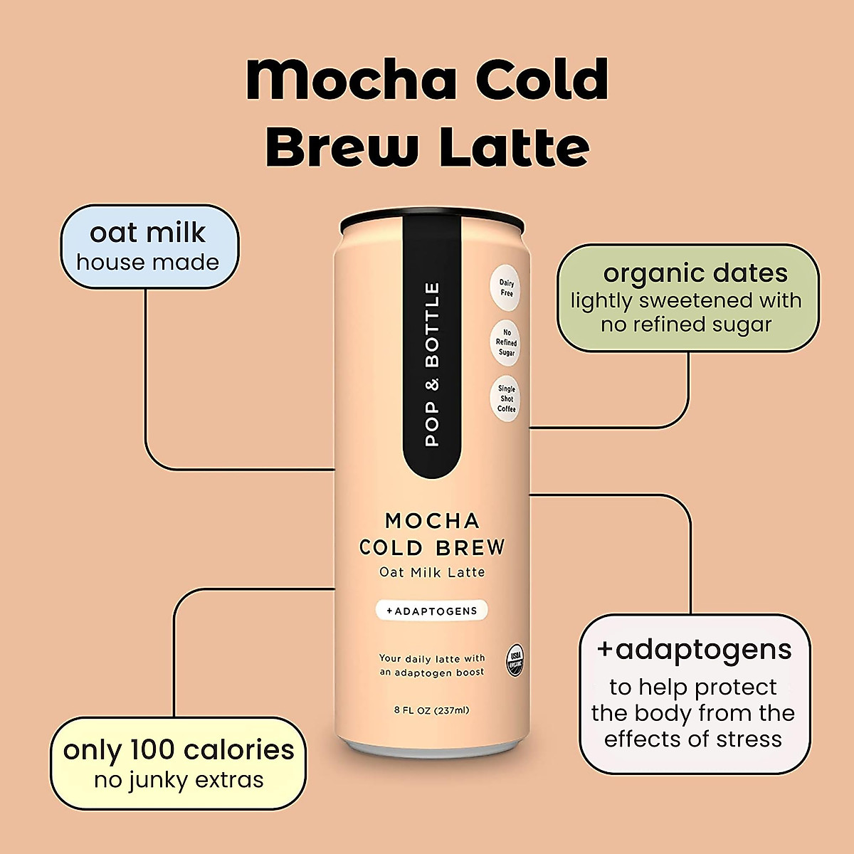 Pop & Bottle, Oat Milk Mocha Lattes - Cold Brew Coffee, Ashwagandha, MCT Oil, Oat Milk, Organic, Dairy Free, Gluten Free, Vegan, Great as Iced Coffee, Lightly Sweetened with Dates - 8 Fl Oz (12 Pack)