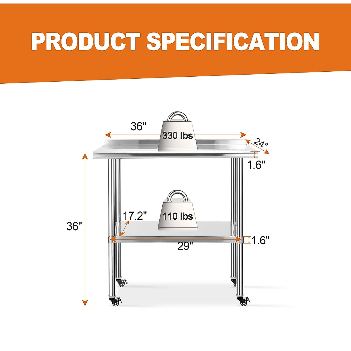 Sapodilla NSF Stainless Steel Worktables with Wheels, 36×24 Inches Commercial Heavy Duty Tables with Backplash and Adjustable Undershelf for Kitchen, Restaurant, Hotel and Garage