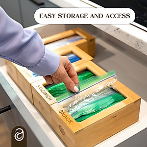 Ziplock Food Storage Bag Organizer - Different Combinations Possible with 4 Separate Plastic Bag Organizers for Drawer - Elegant and Sturdy Boxes with Laser Engraved Titles to Keep Kitchen Drawer Tidy