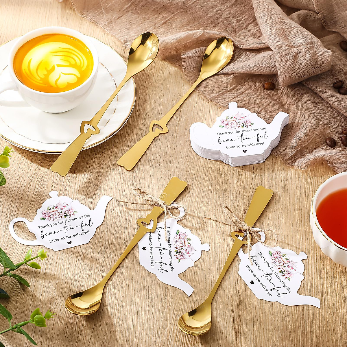 Skybooly 50 Sets Bridal Shower Tea Party Favors for Guests Mini Coffee Spoons Small Tea Spoons Heart Spoon with Teapot Idea Thank You Cards and Hemp Rope Wedding Souvenirs Tea Party Supplies