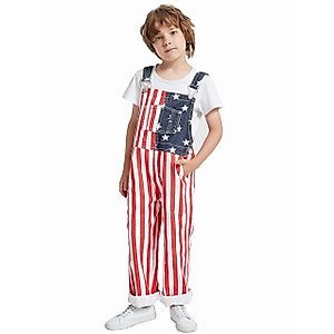 Boys Overalls Denim 3-14 Years American Flag Jeans Bibs Overalls July 4th Striped Patriotic Jumpsuit &Rompers(red,8)