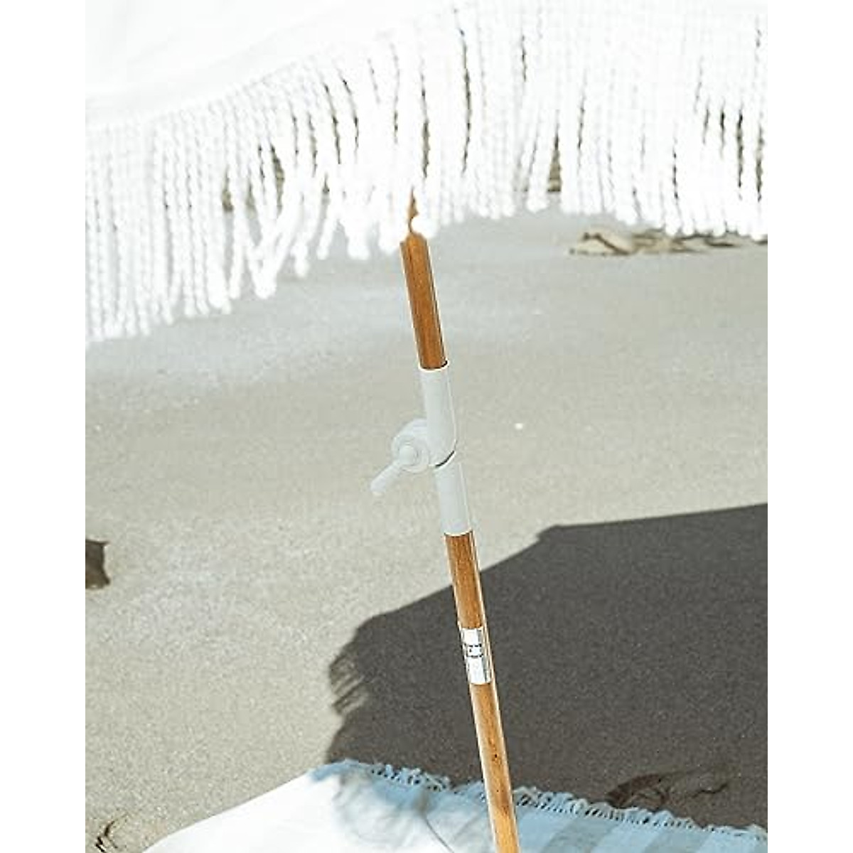 Business & Pleasure Co. Holiday Beach Umbrella ~ White Boho Fringe Umbrella, UPF 50+, 1" Tilting Wood Pole, 5’W x 6.5’H