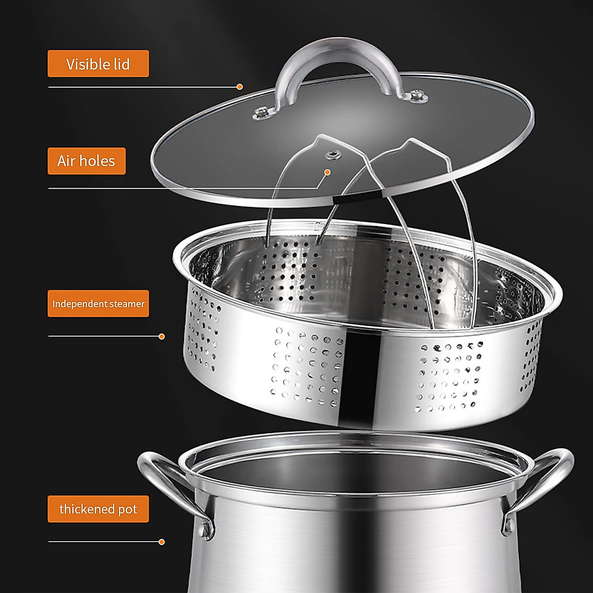 10 Quart Large Stock Pot with Steamer and Glass Lid, Stainless Steel Mirror Polished Stockpot Soup Pot for Cooking, Silver, Dishwasher Safe