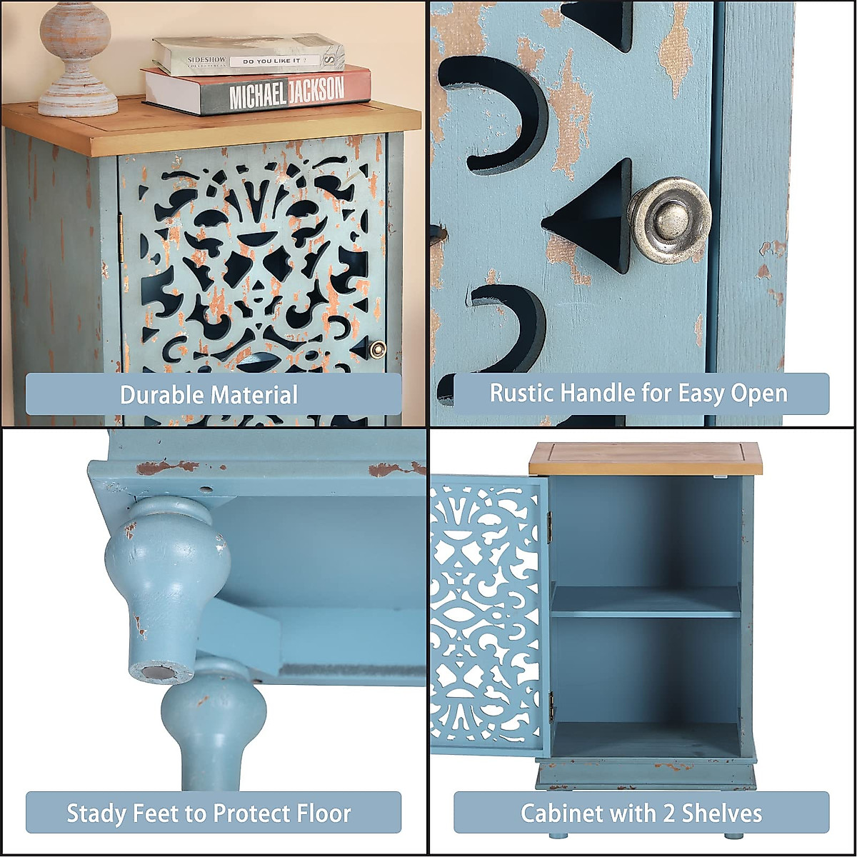 PHI VILLA Small Accent Storage Cabinet with Single Door - Decorative Nightstand for Living Room Bedroom, End Side Table Cabinet Blue