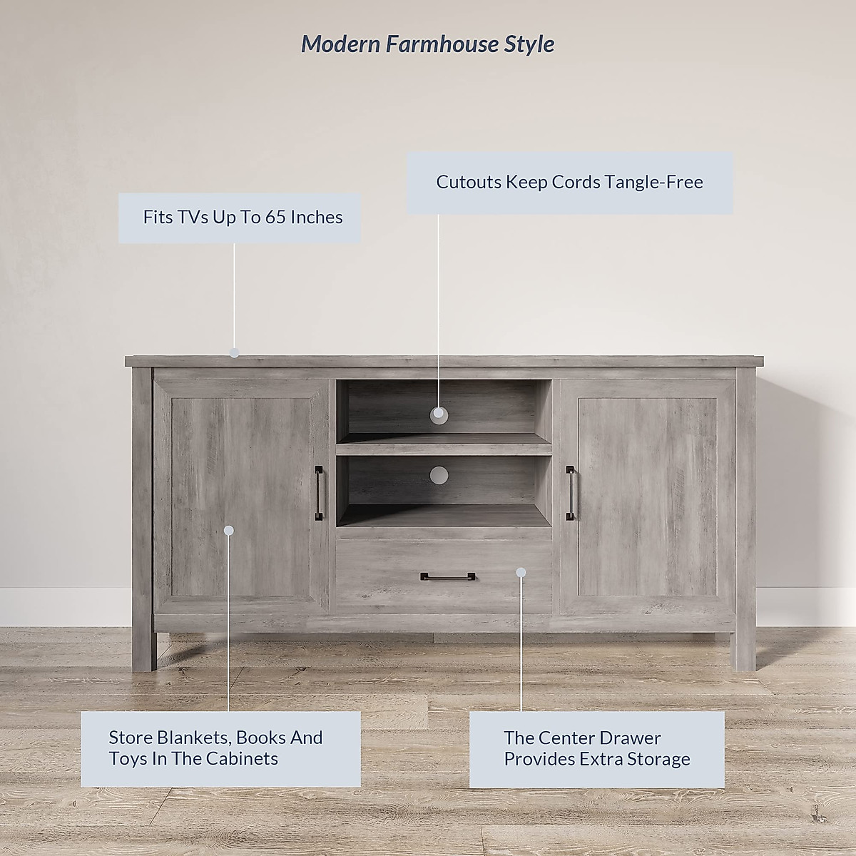 BELLEZE Modern 60 Inch Farmhouse TV Stand or Entertainment Center for TVs Up to 65 Inches, Sideboard Kitchen Buffet Storage Cabinet with Shelves and Storage - Virat (Gray Wash)