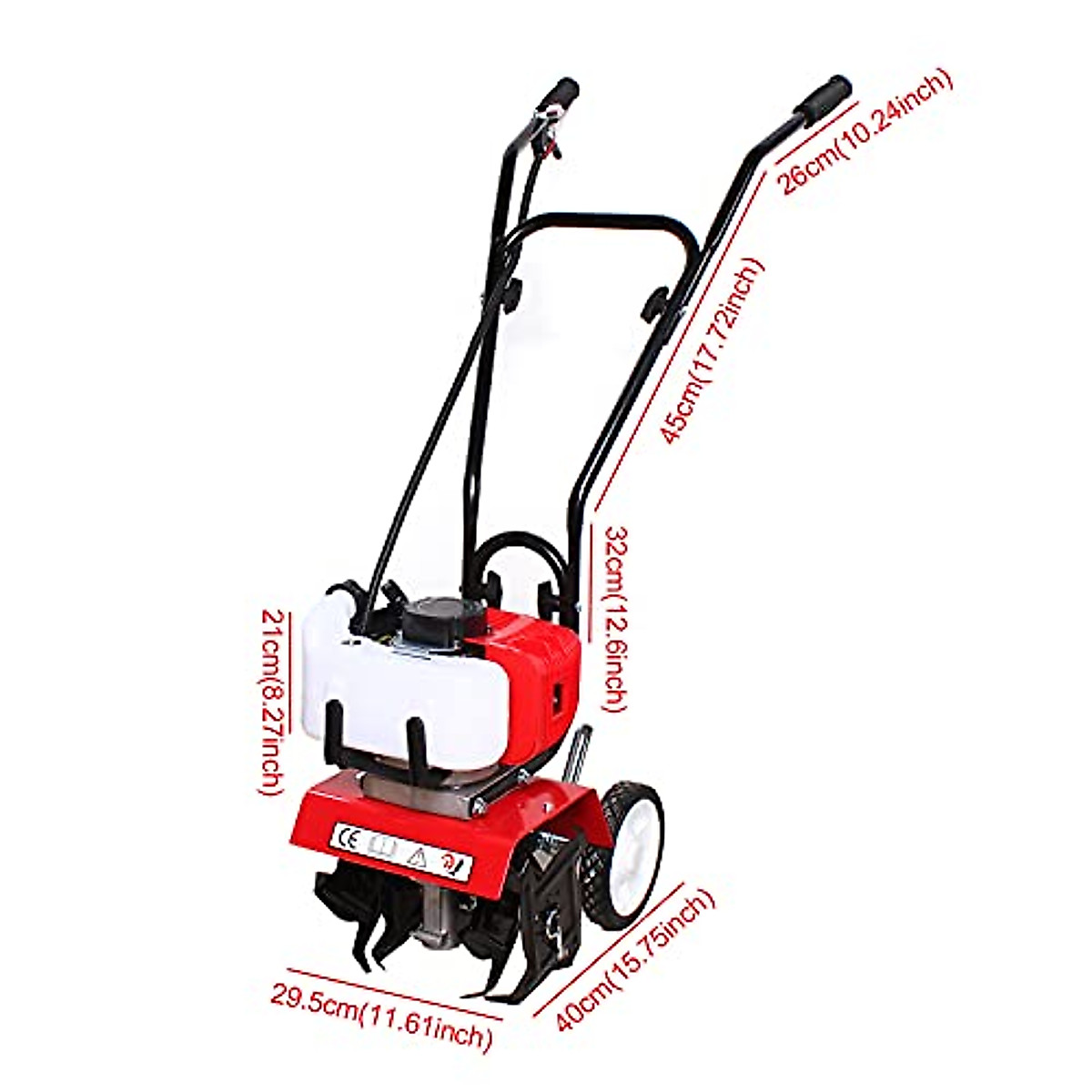 Small Garden Tiller Cultivator, Gas Powered 52cc Rototillers Air-Cooled 2 Stroke Engine Garden Yard Tilling Tool