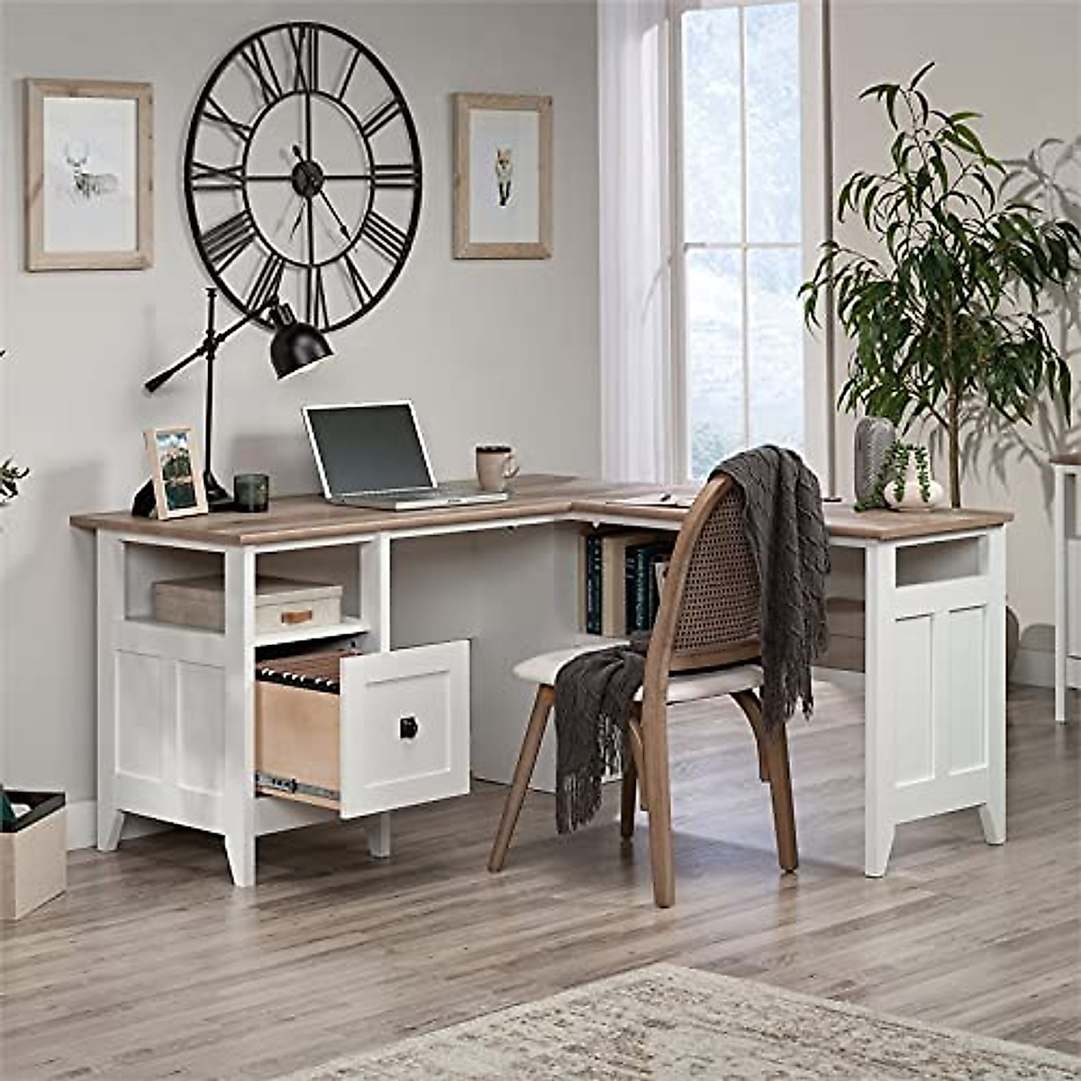 Sauder August Hill L-Shaped Home Office Desk in Soft White, Soft White Finish