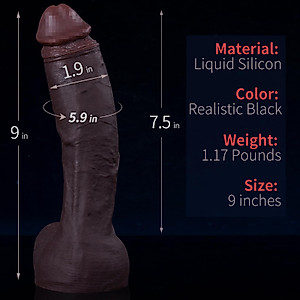 9 Inch Black Realistic Dildo Feels Like Skin, with Huge Strong Suction Cup Dildos for Hands-Free Play, Soft Liquid Silicone Anal Adult Sex Toys for Men and Women Pleasure
