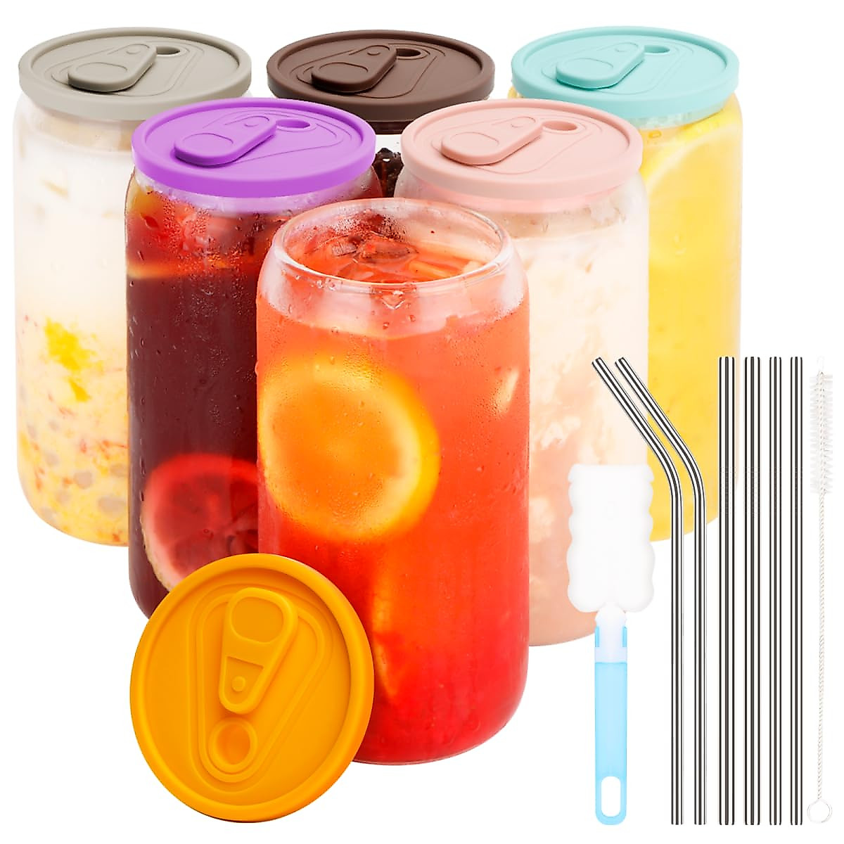 HuaQi Glass Cups with Lids and Straws 6pcs Set, Beer Glasses with Silicone Lids and Metal Straw