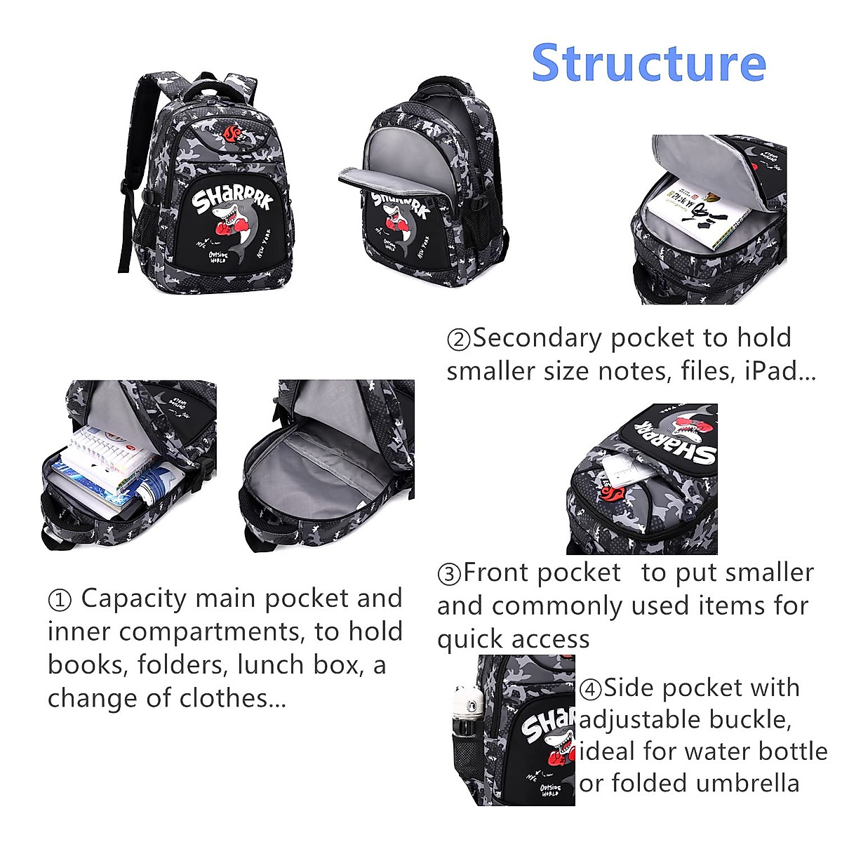 Shark Backpack for Boys, Camo Bookbags for Boys, Boys Backpacks for Kids Elementary