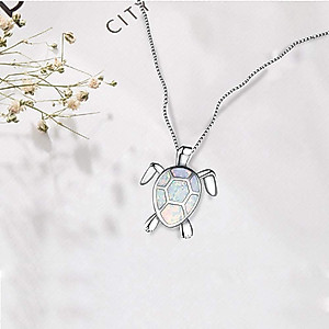 Hithop Cute Turtle Pendant Necklace Lovely Animals White Fire Opal Plated Silver Necklace Jewellery Gifts (White)