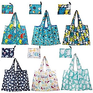 6 Pack Reusable Grocery Shopping Tote Foldable Bags with Pouch, Large Capacity, Durable, Washable, Heavy Duty Lightweight, Eco-Friendly, Waterproof, Geometry Animal Floral Design also for Travel, Gift (Animal Style)