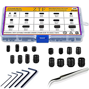 ZTF 530Pcs Metric Set Screw Assortment Kit, M3/4/5/6/8 Grub Screws Internal Hex Drive Set Screws for Bathroom Fixtures, Door Handles knobs, Towel Rack Screws Replacement, 12.9 Grade Alloy Steel