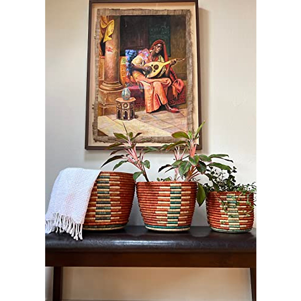 Artizenway Handmade Boho Plant Basket - Woven Planter Baskets - Plant Pot Cover Baskets for Plants - Date Palm Leaves Decorative Pattern Baskets - Storage Organizer (set of 3, Horizontal)