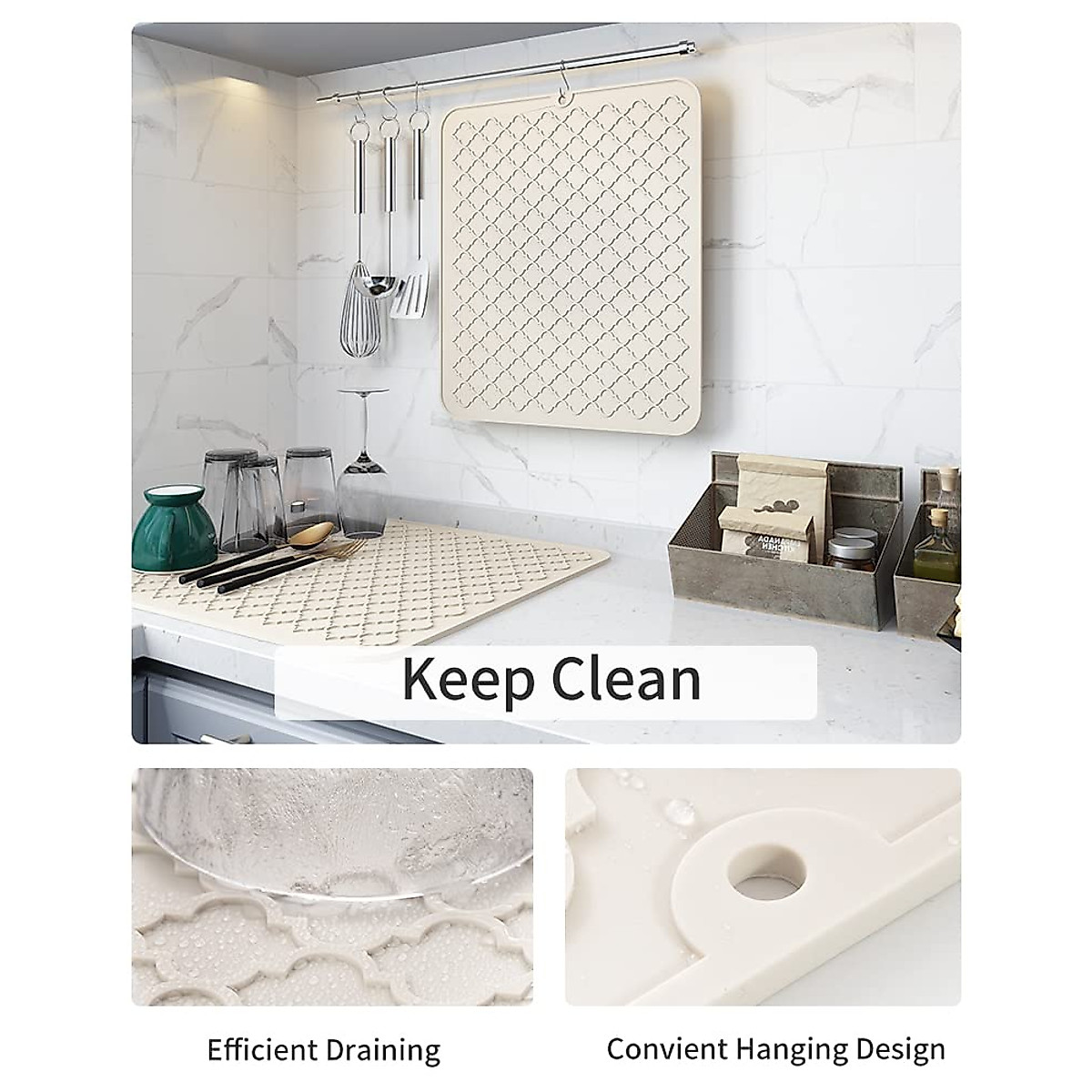 AMOAMI-Dish Drying Mats for Kitchen Counter-Silicone Dish Drying Mat-Kitchen Dish Drying Pad Heat Resistant Mat-Kitchen Gadgets Kitchen Accessories Kitchen Small Appliances (16" x 18, BEIGE)