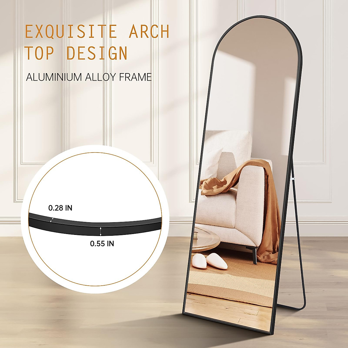 Mirror Full Length- Arched 64"x21"Full Length Mirror Shatter-Proof Glass,Standing Leaning Hanging Wall-Mounted,Black Floor Mirror,Aluminum Frame Modern Home Decor for Bedroom Living Room Cloakroom