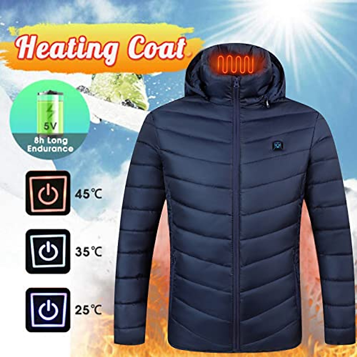 Women's Slim Fit Heated Jacket Quilted Coat Hooded Puffer Thick Down Heated Coat Outdoor Heating Vest Heated Jacket Blue