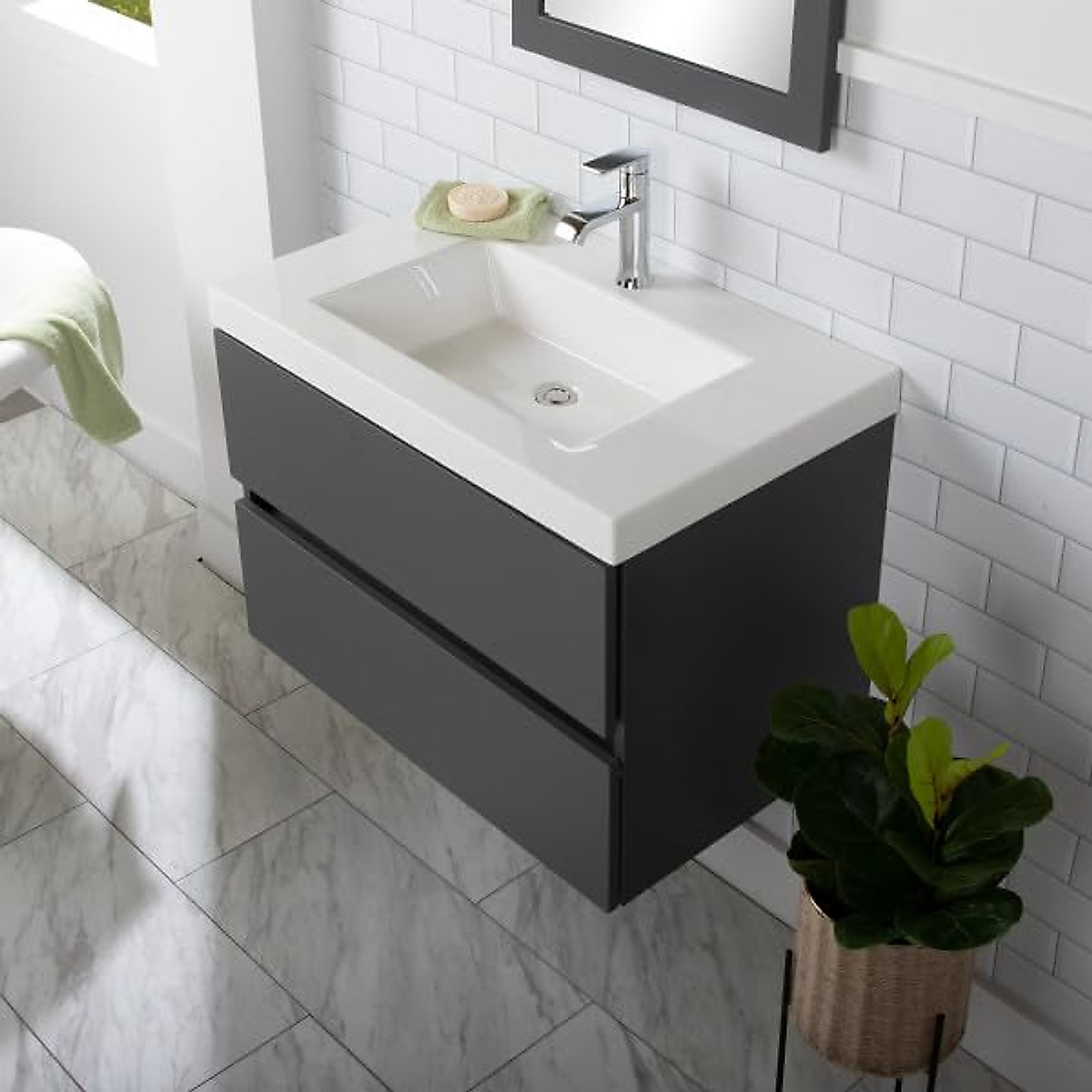 Spring Mill Cabinets Innes 30 Inch Floating Bathroom Vanity with White Single Sink Top, 2 Soft-Close Drawers, 30.5" W x 18.75" D x 22.25" H, Cement