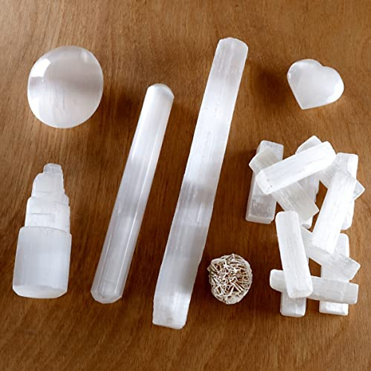 DANCING BEAR Selenite Protection Collection (22 pc Set): 12-15 Sticks (1.5-2”), Palm Stone, Heart, Tower, 8" Stick, 5.5" Massage Wand, and Desert Rose