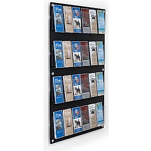 Displays2go Wall Pamphlet Display, Acrylic, 12/24 Adjustable Slots, Aluminum Standoffs - Black (2RP12BLK)