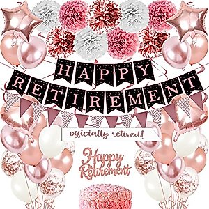Retirement Party Decorations for Women & Men- 51 Pcs Rose and Gold Happy Retirement Banner, Paper Garland and Foil balloon Decorations,Sparkling Hanging Swirls Retirement Decorations Party Supplies