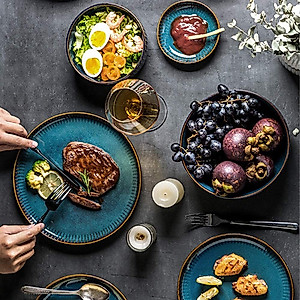 GagalU 15-Piece Stoneware Dinnerware Set, Blue Porcelain Dinnerware Sets, Ceramic Plates and Bowls Dinner Sets, Modern Creativity Reactive Glaze Stoneware Dishes Set